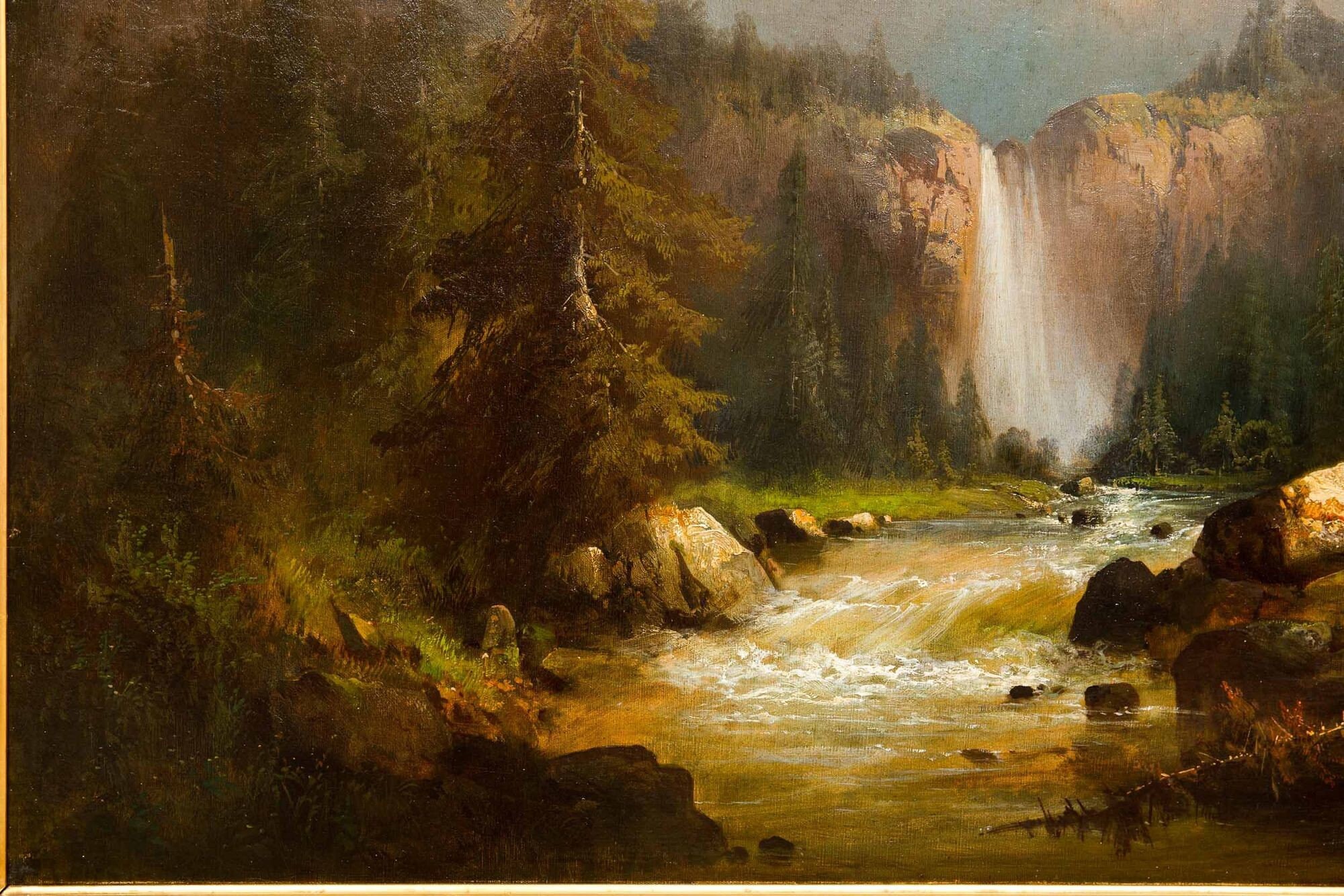 German Landscape Painting of Alpine Mountain Waterfall by Guido Hampe ...