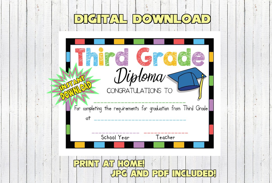 Third Grade Diploma Fill in the Blanks by Hand PRINT AT HOME Digital ...