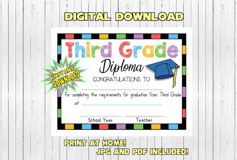 Third Grade Diploma Fill in the Blanks by Hand PRINT AT HOME - Etsy