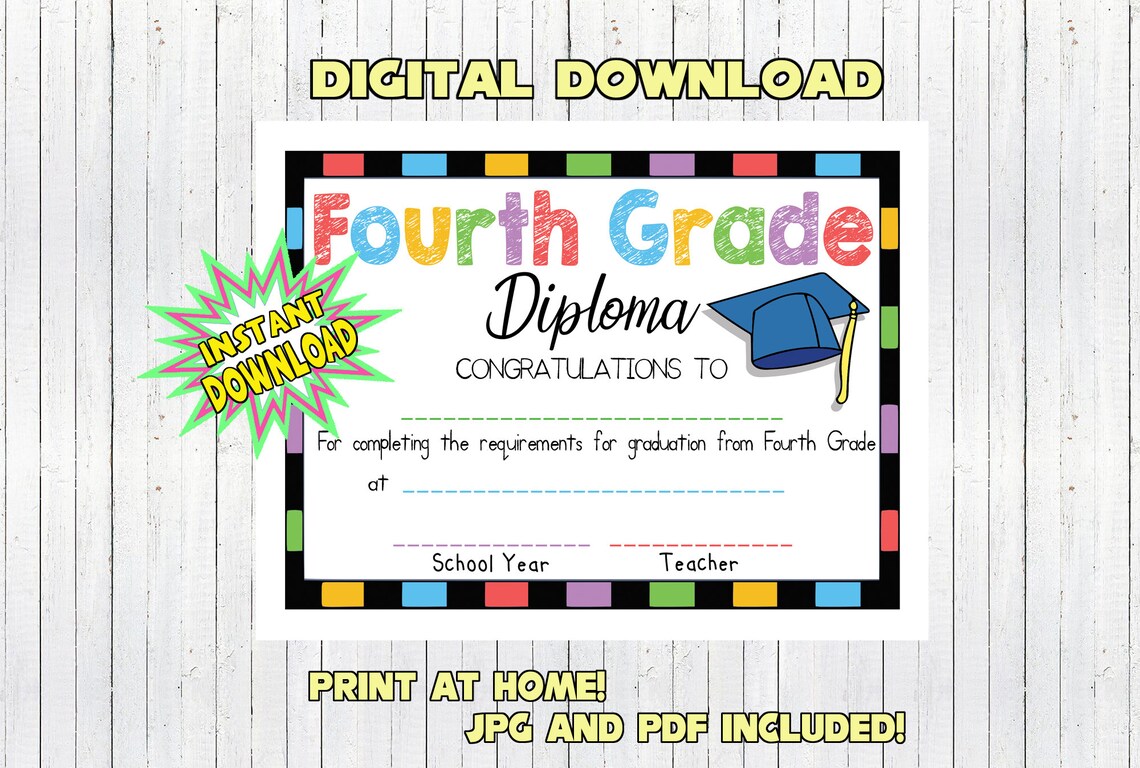 Fourth Grade Diploma Fill in the Blanks by Hand PRINT AT HOME - Etsy