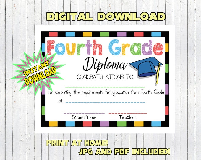 Fourth Grade Diploma Fill in the Blanks by Hand PRINT AT HOME Digital ...
