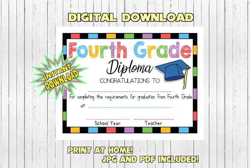 Fourth Grade Diploma Fill in the Blanks by Hand PRINT AT HOME - Etsy