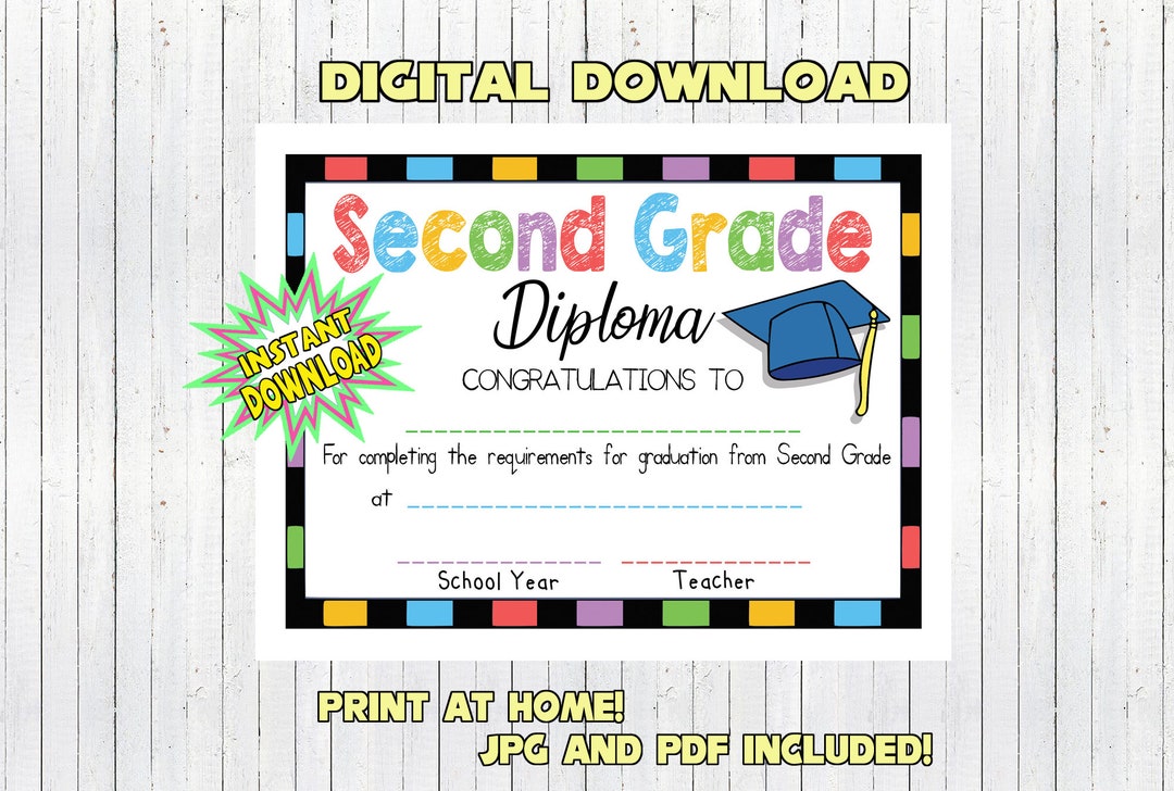 Second Grade Diploma Fill in the Blanks by Hand PRINT AT HOME Digital ...
