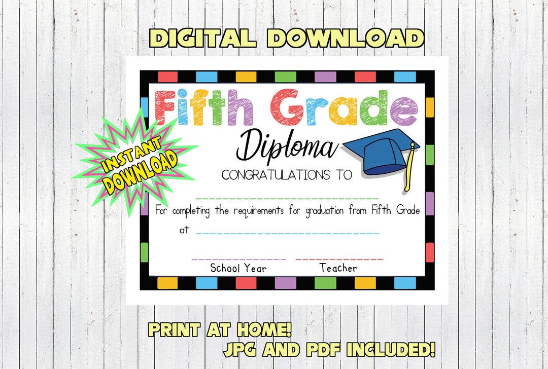 Fifth Grade Diploma Fill in the Blanks by Hand PRINT AT HOME Digital ...
