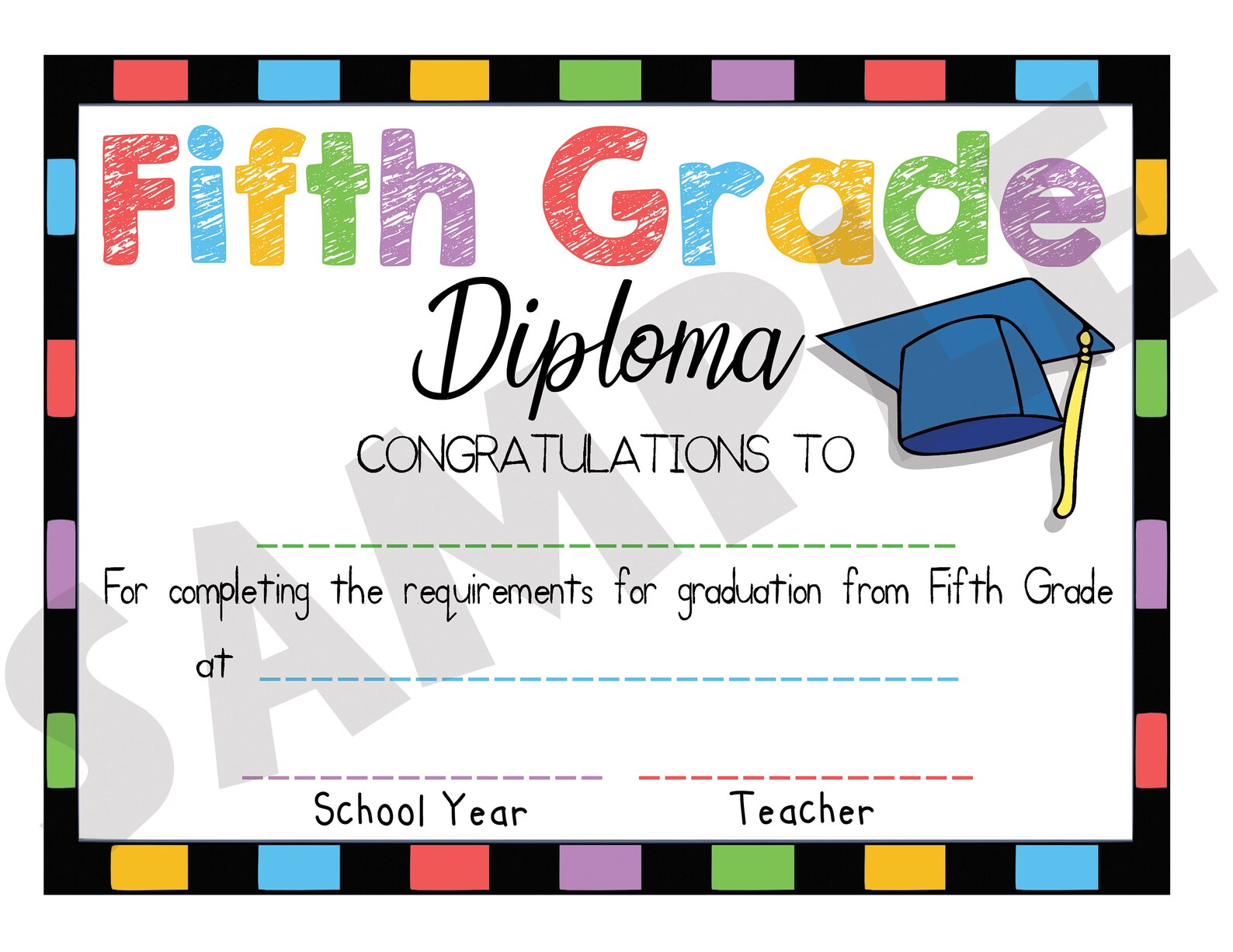 Fifth Grade Diploma Fill in the Blanks by Hand PRINT AT HOME - Etsy