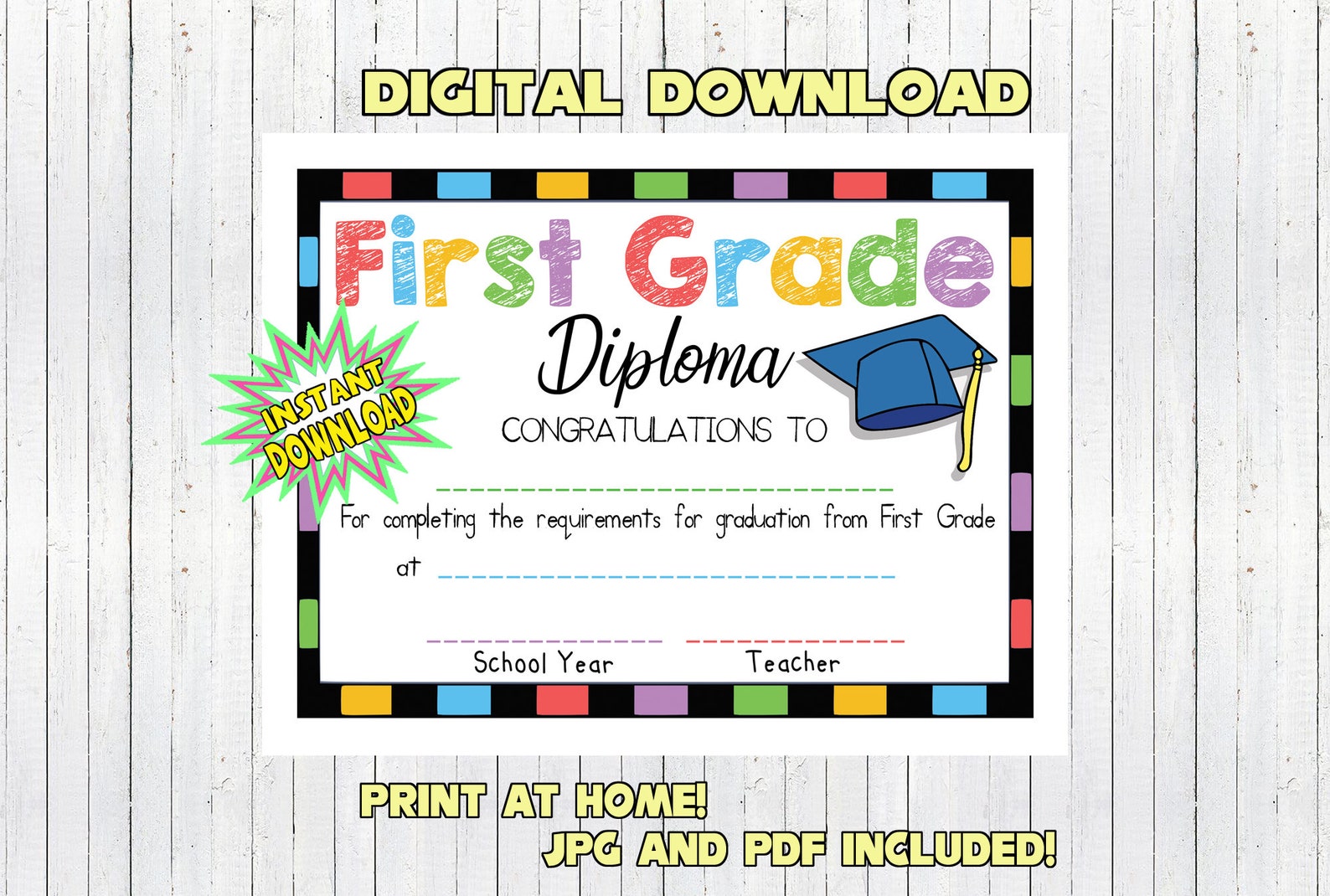 First Grade Diploma Fill in the Blanks by Hand PRINT AT HOME Digital ...