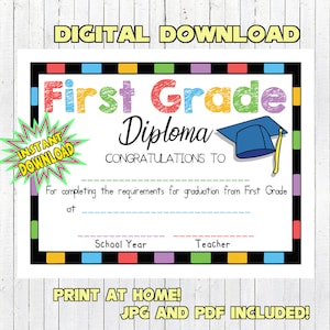 First Grade Diploma Fill in the Blanks by Hand PRINT AT HOME Digital ...