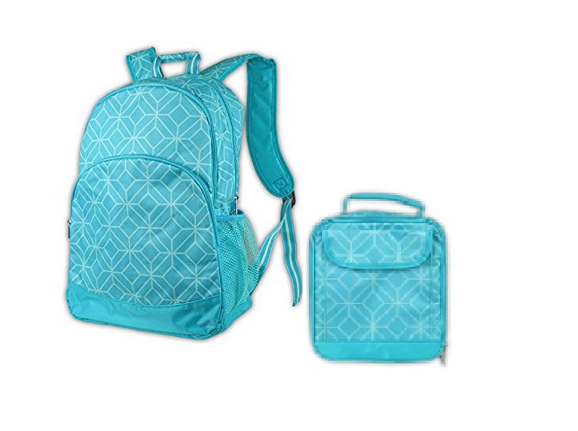 Combo Backpack and Lunch Bag Set With Monogram, Blue Geometric, Pink ...