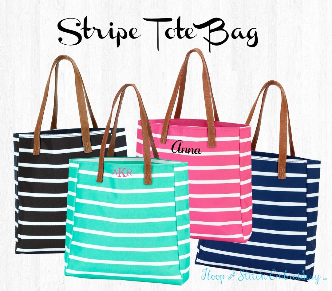 Stripe Tote, Monogram Tote Bag, Personalized Tote Bag, Navy Stripe Tote ...