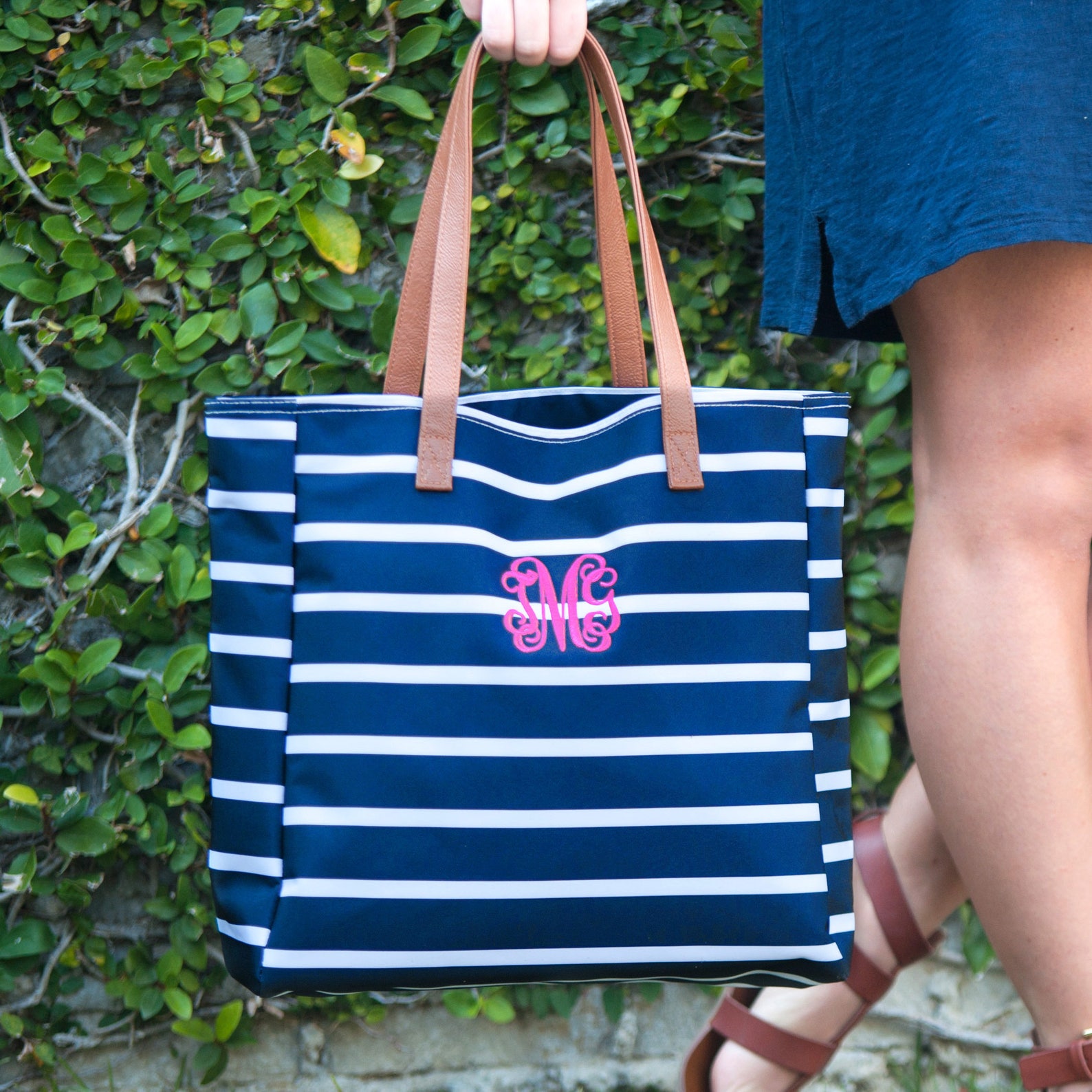 Stripe Tote Monogram Tote Bag Personalized Tote Bag Navy - Etsy
