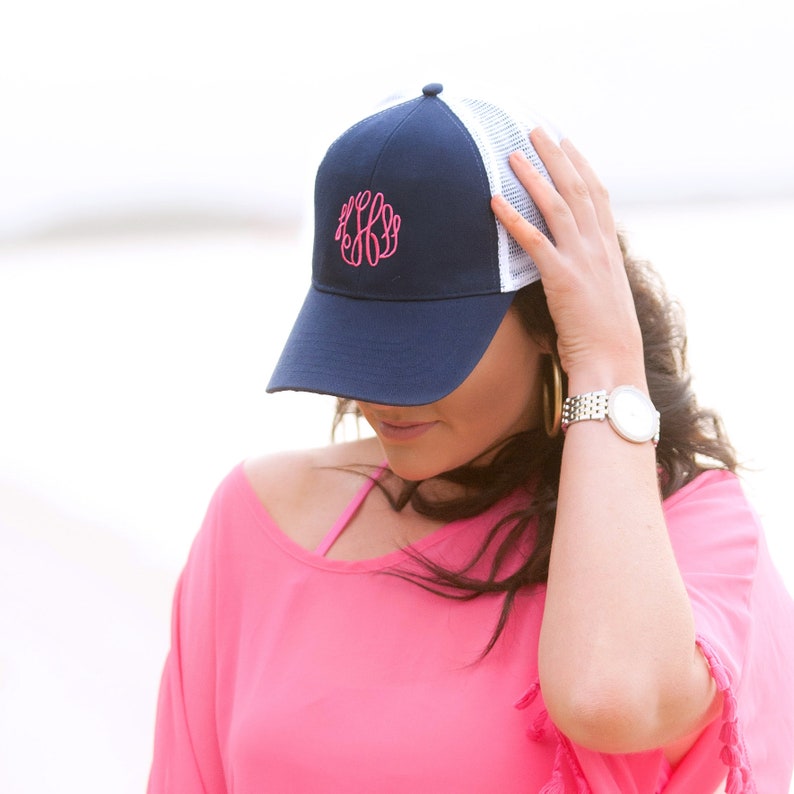 Monogram Trucker Hat, Hot Pink Hat, Mint Trucker, Navy Trucker, Coral ...