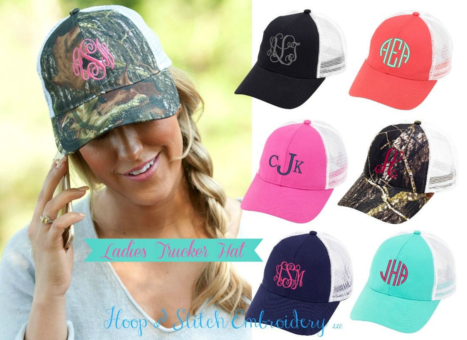 Monogram Trucker Hat, Hot Pink Hat, Mint Trucker, Navy Trucker, Coral ...