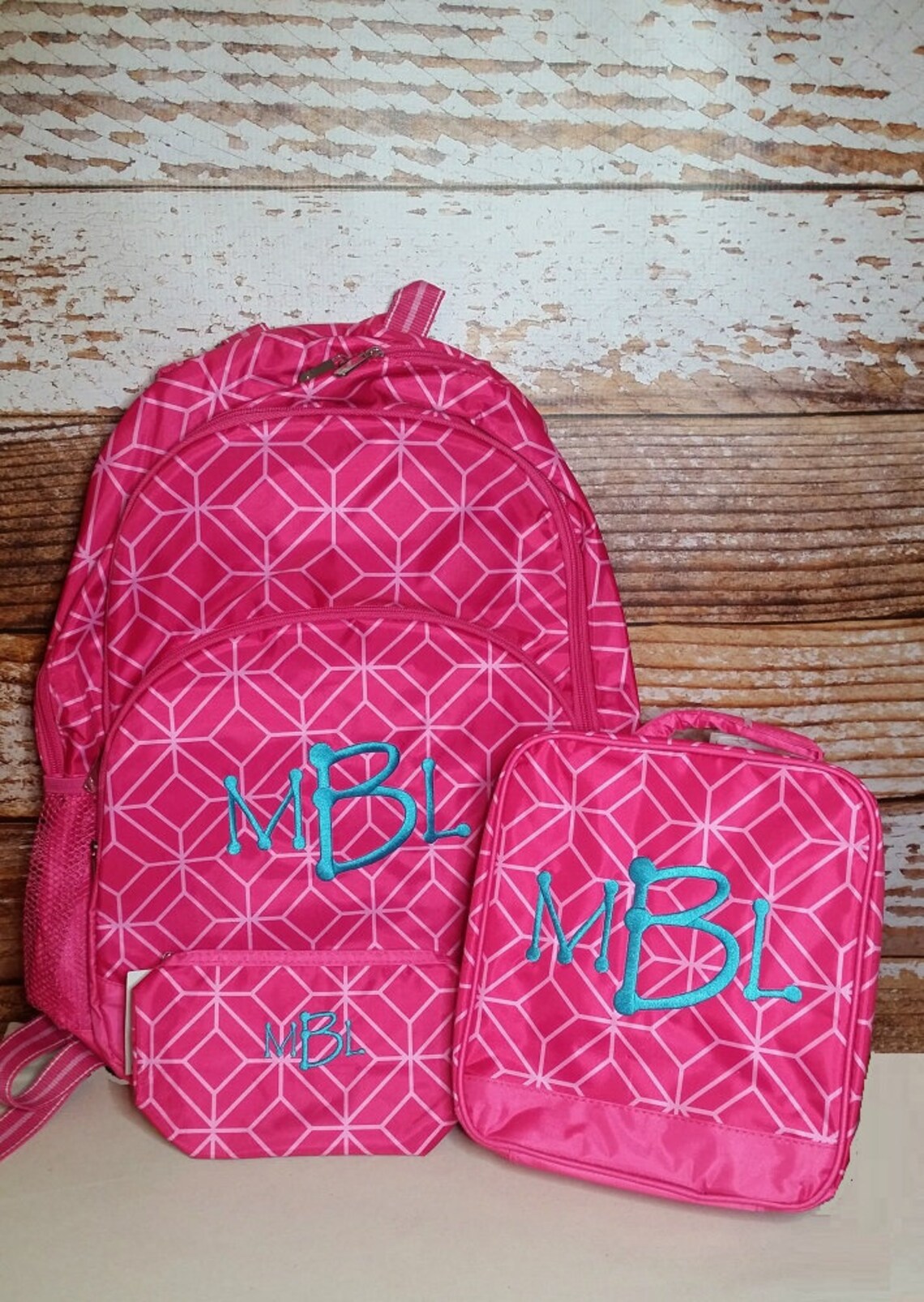 Combo Backpack and Lunch Bag Set With Monogram, Blue Geometric, Pink ...