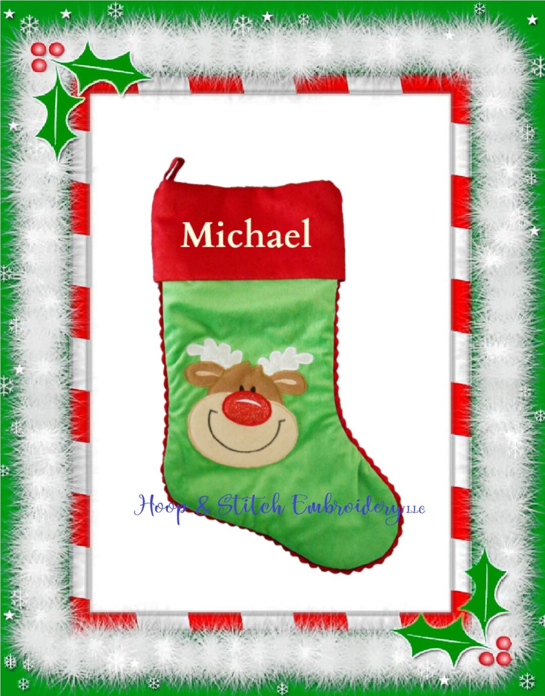 Green Reindeer Monogram Cubbies Christmas Stockings in Several Designs ...