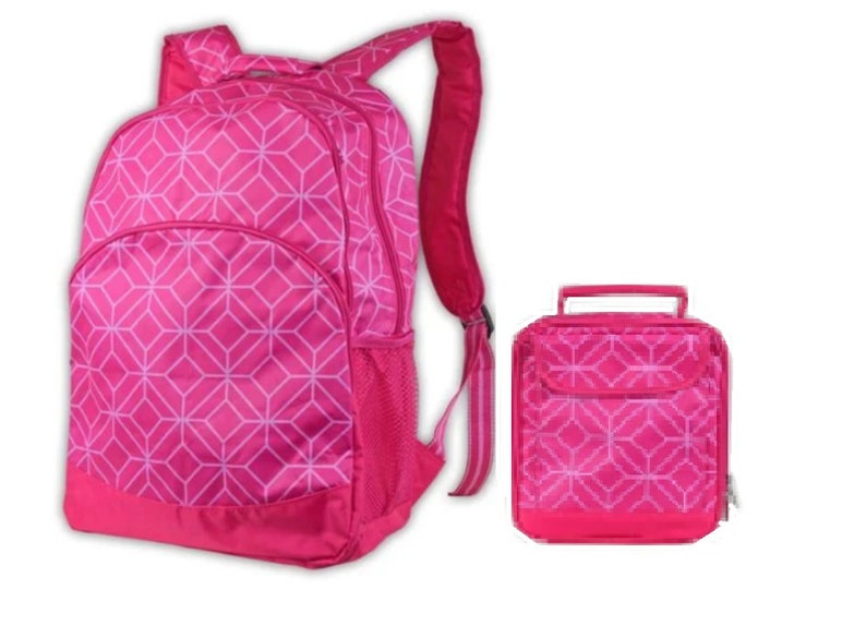 Combo Backpack and Lunch Bag Set With Monogram, Blue Geometric, Pink ...