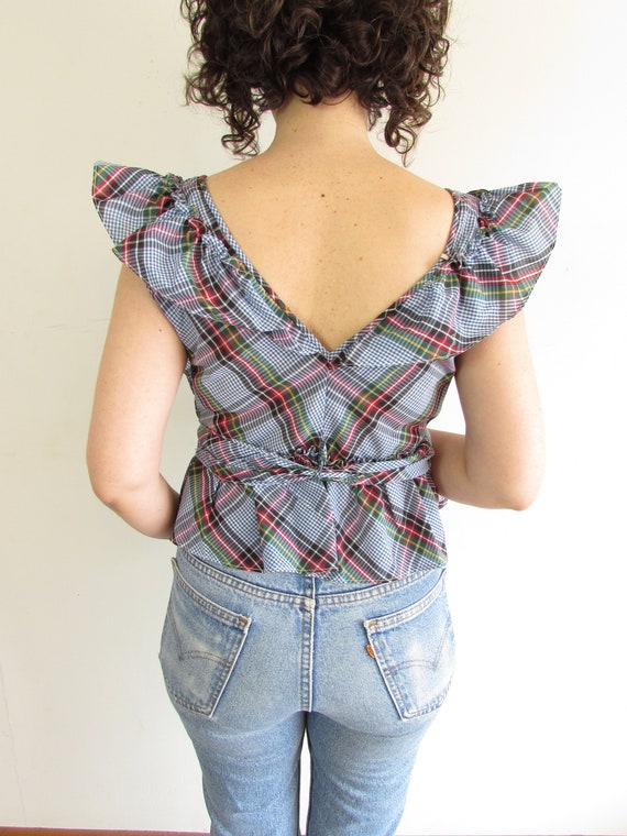Vintage Plaid Blouse 1970s Ruffle Shoulder Peplum Pla… - Gem