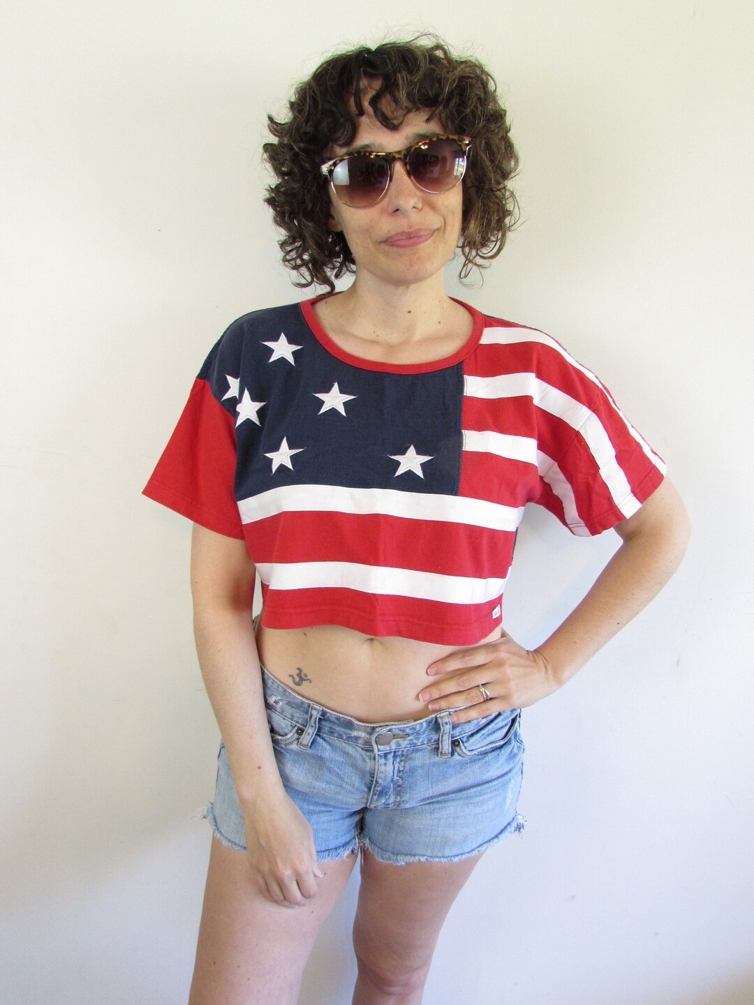 Vintage American Flag Crop Top 1990s Y2K Guess Red White Blue Stars and ...