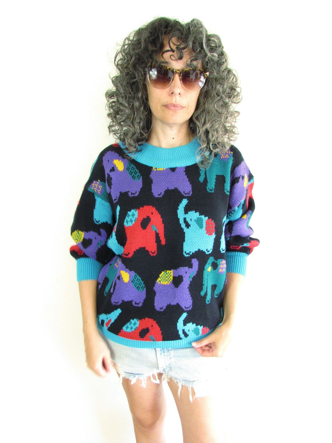 Vintage Elephant Sweater 1980s 1990s Creative Force Black Aqua Blue ...