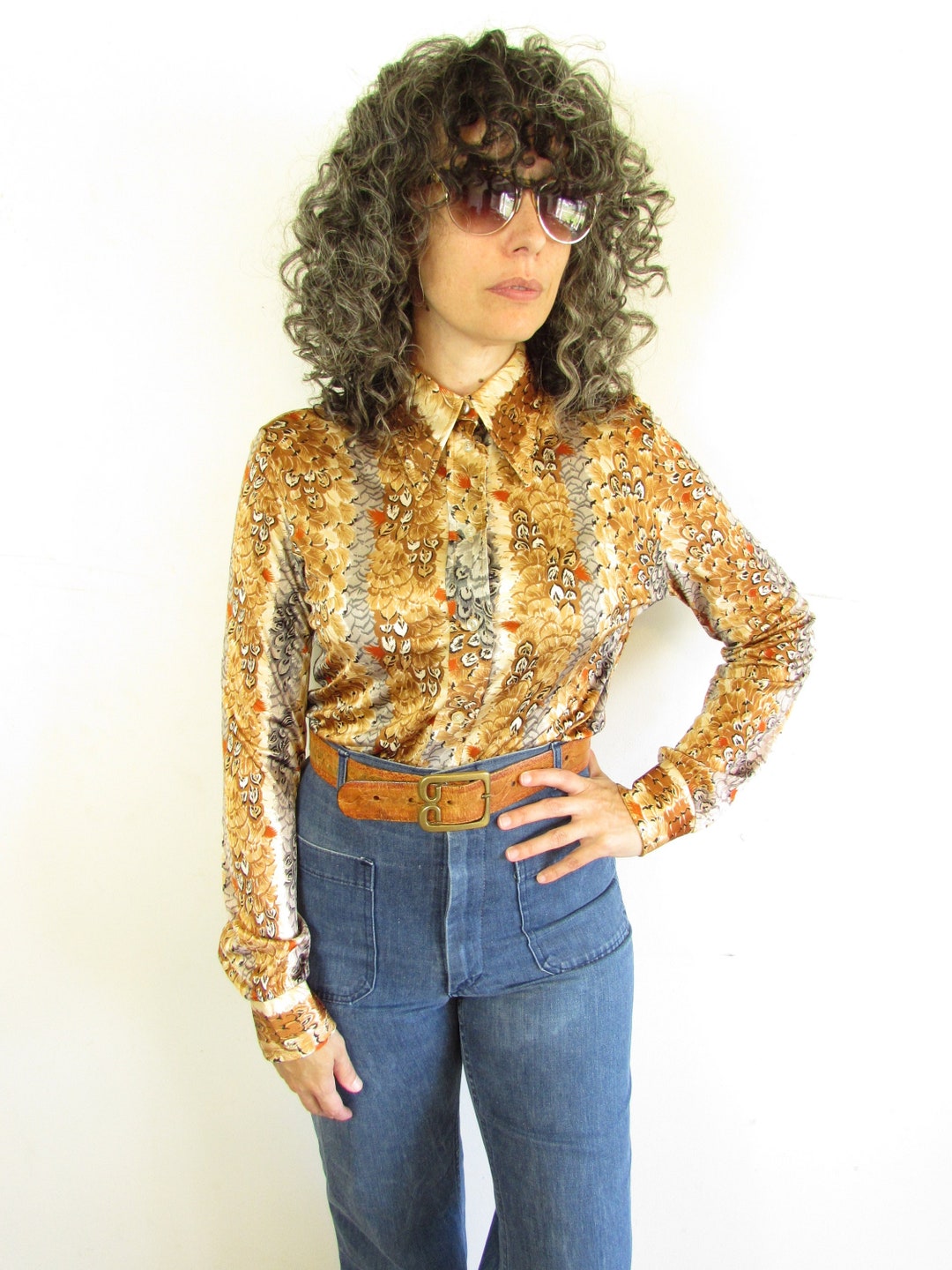 Vintage 1970s Judy Bond Bird Feather Print Dagger Collar Funky Disco ...