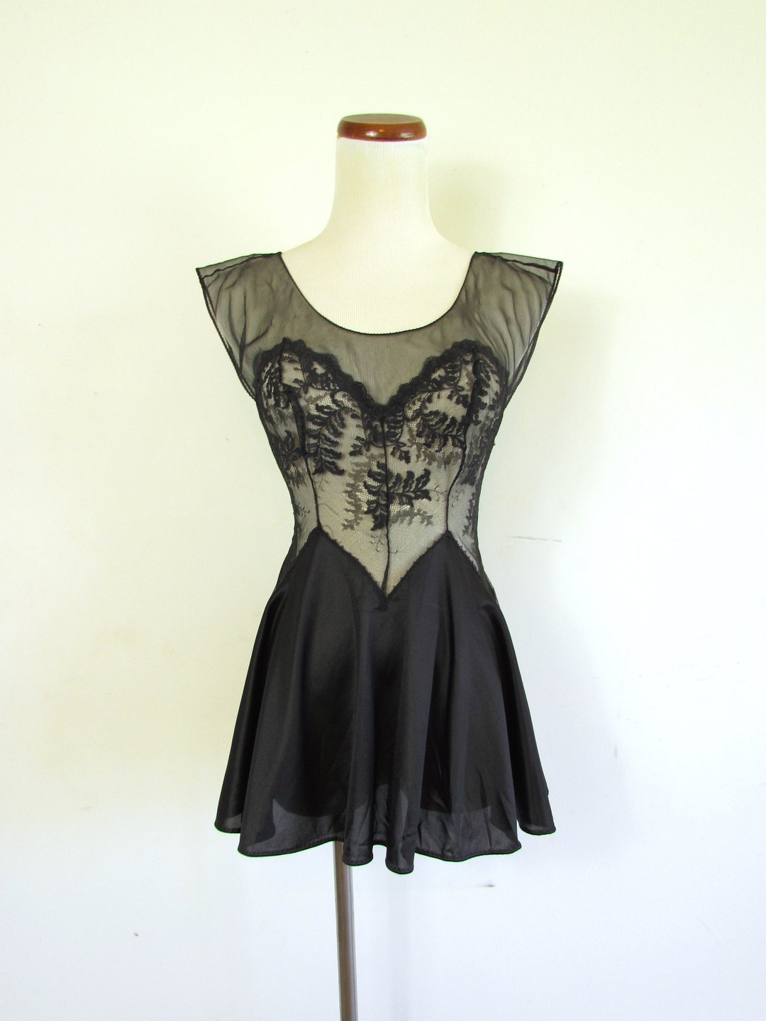 Vintage 1980s 1990s Voe Mode Black Sheer Lace Nylon Babydoll Mini ...