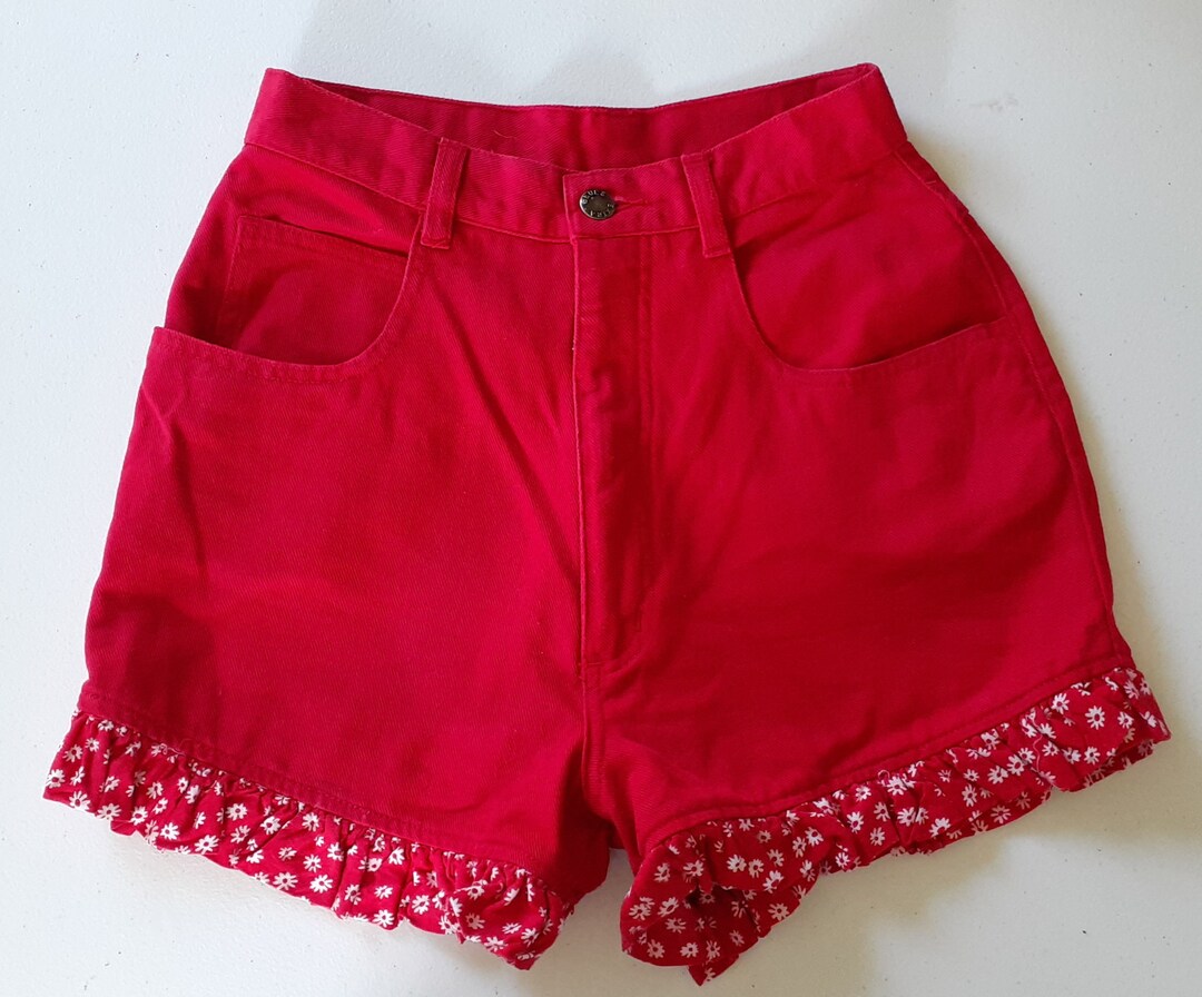 Vintage Red Shorts 1980s 1980s Extra Primary Red Floral Ruffle High ...