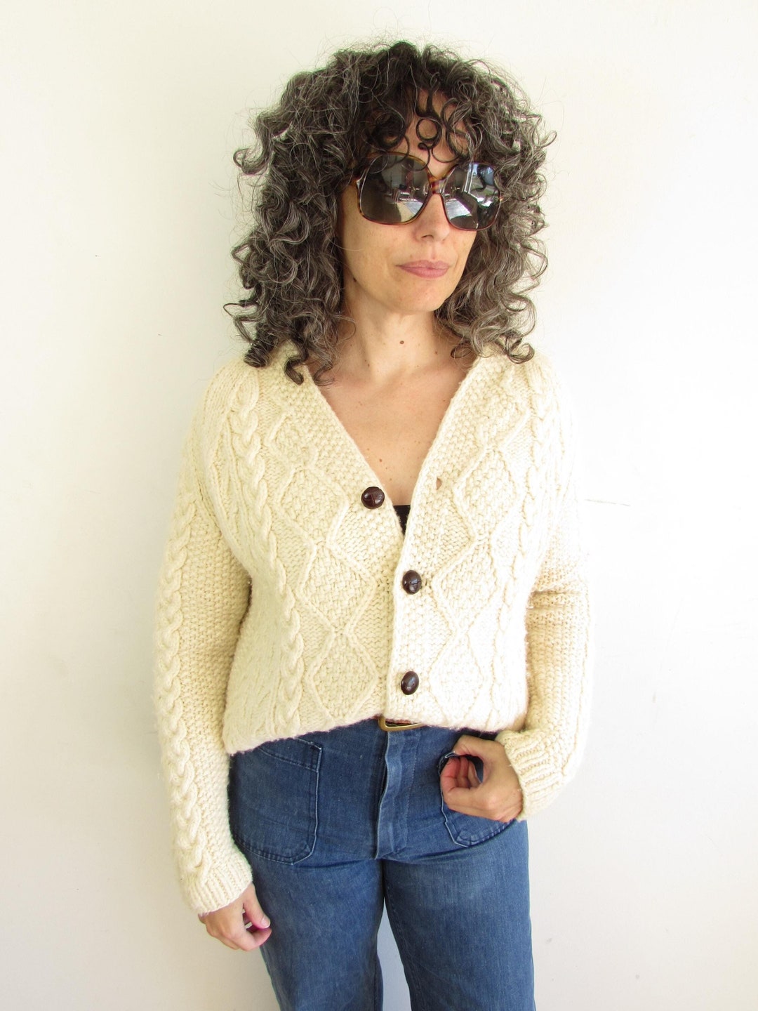 Vintage 1970s 1980s Cream Cable Knit Fishermen Wool Button up Cardigan ...