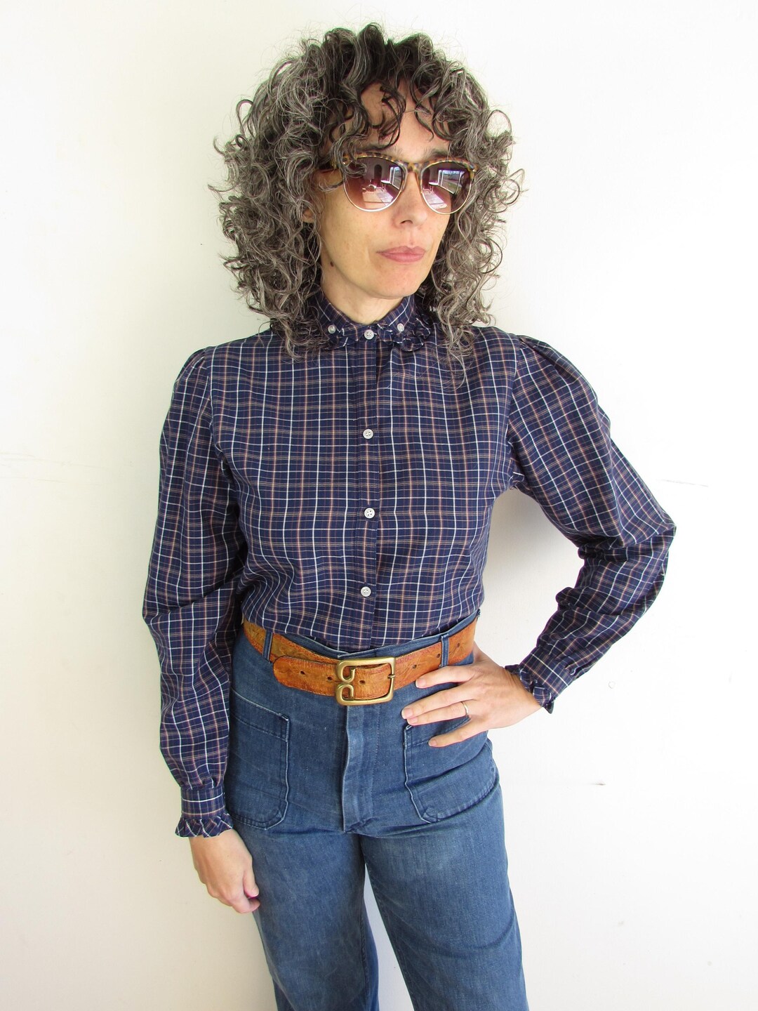 Vintage 70s Stuart Lang Blue Plaid Country Core Ruffle Blouse M - Etsy