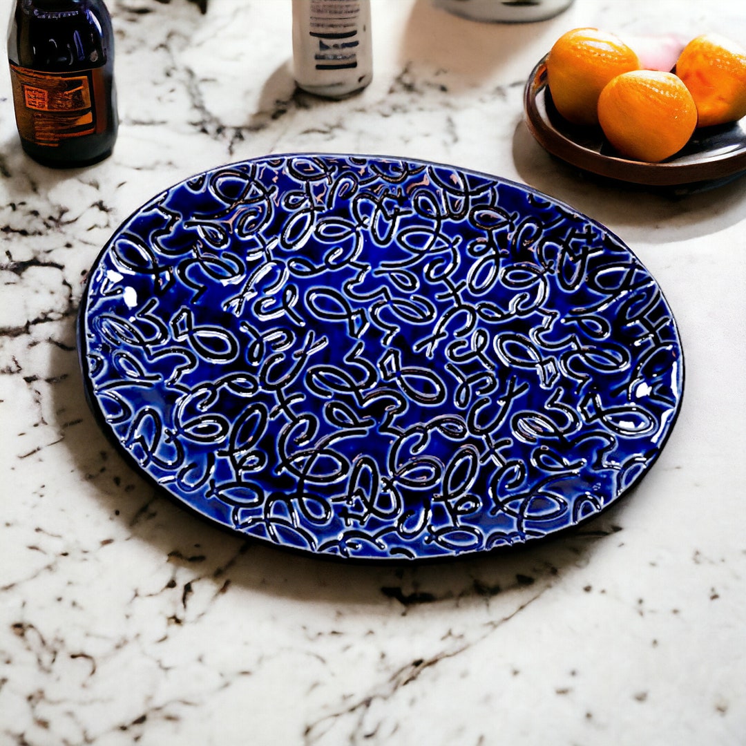 Whimsical Blue Ceramic Platter, Handmade Pottery Plate, Large Oval ...