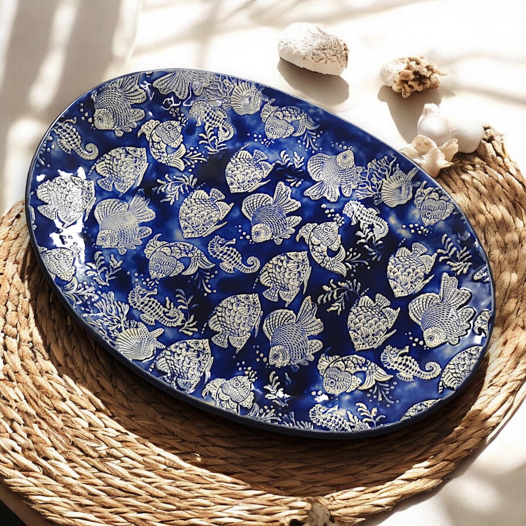 Ocean-themed Blue Ceramic Platter, Beach House Gift, Handmade Fish ...
