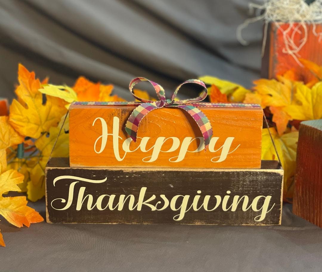 Happy Thanksgiving Fun and Cute Wood Block Fall Decor Sign Orange Brown ...