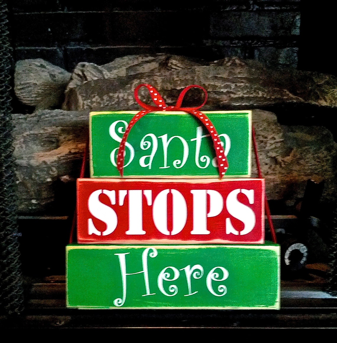 Santa Stops Here Christmas Decor Wood Stacked Block Sign With Ribbon ...