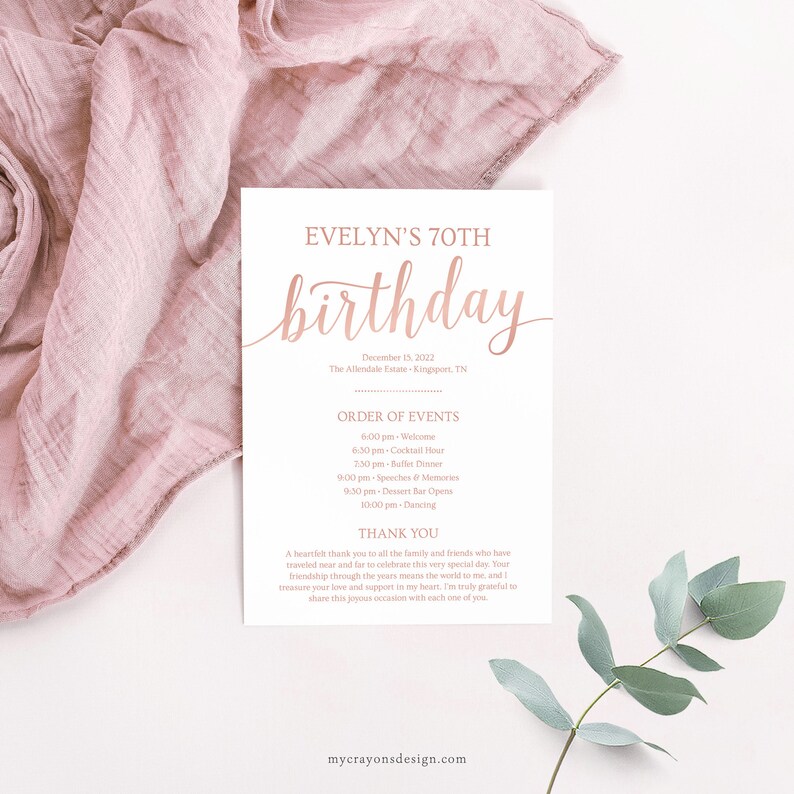 Birthday Program Template Rose Gold Birthday Party Editable - Etsy