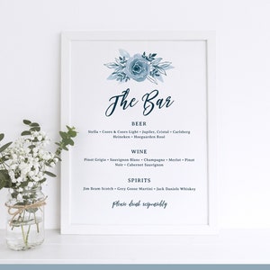 Wedding Bar Menu Template, Drink Menu Sign, Dusty Blue, Editable Bar ...