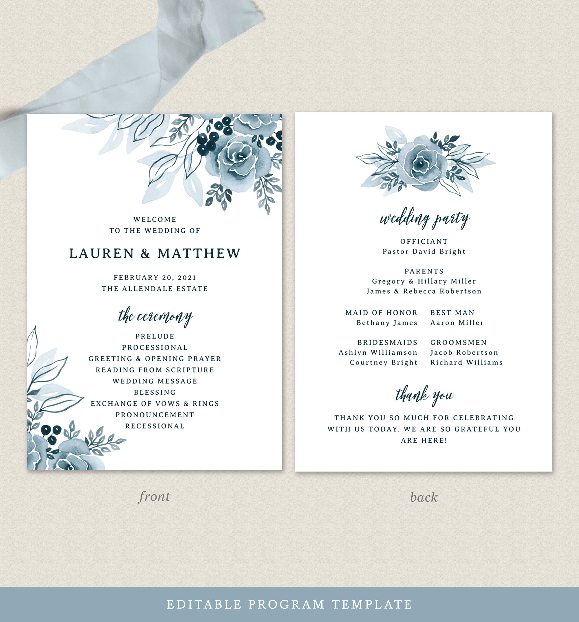 Dusty Blue Wedding Program Fan Template Wedding Ceremony | Etsy
