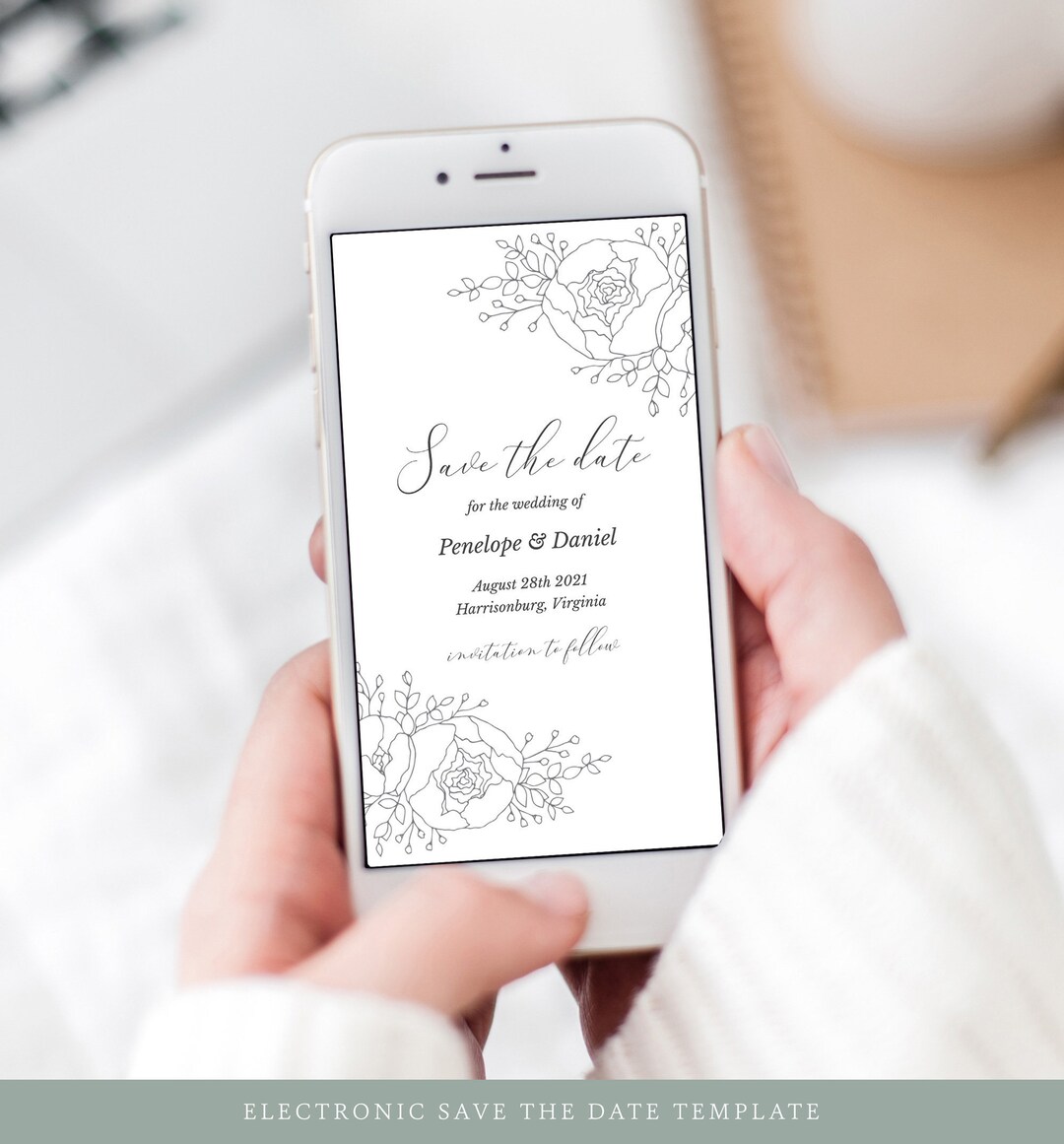 Digital Save the Date Text Invite, Electronic Invitation, Peony, Floral ...