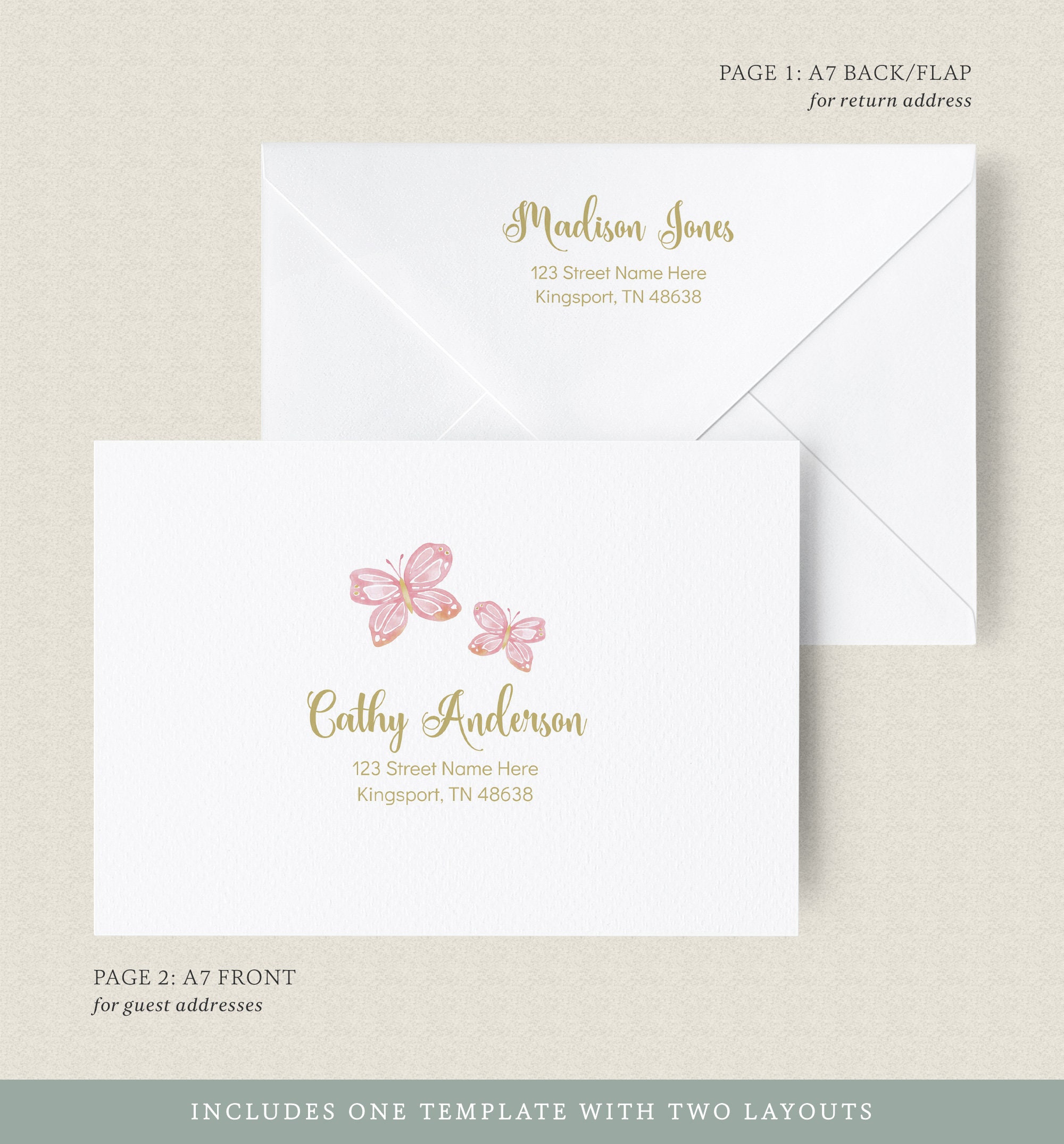 Butterfly Envelope Template A7 Pink and Gold Birthday | Etsy