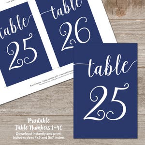 Navy Table Numbers Printable 1-40, Navy Wedding Decor, Table Numbers ...