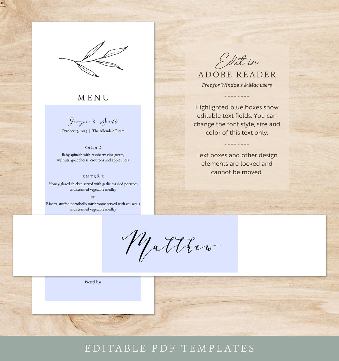 Rustic Wedding Menu Template Place Card Template Wedding - Etsy
