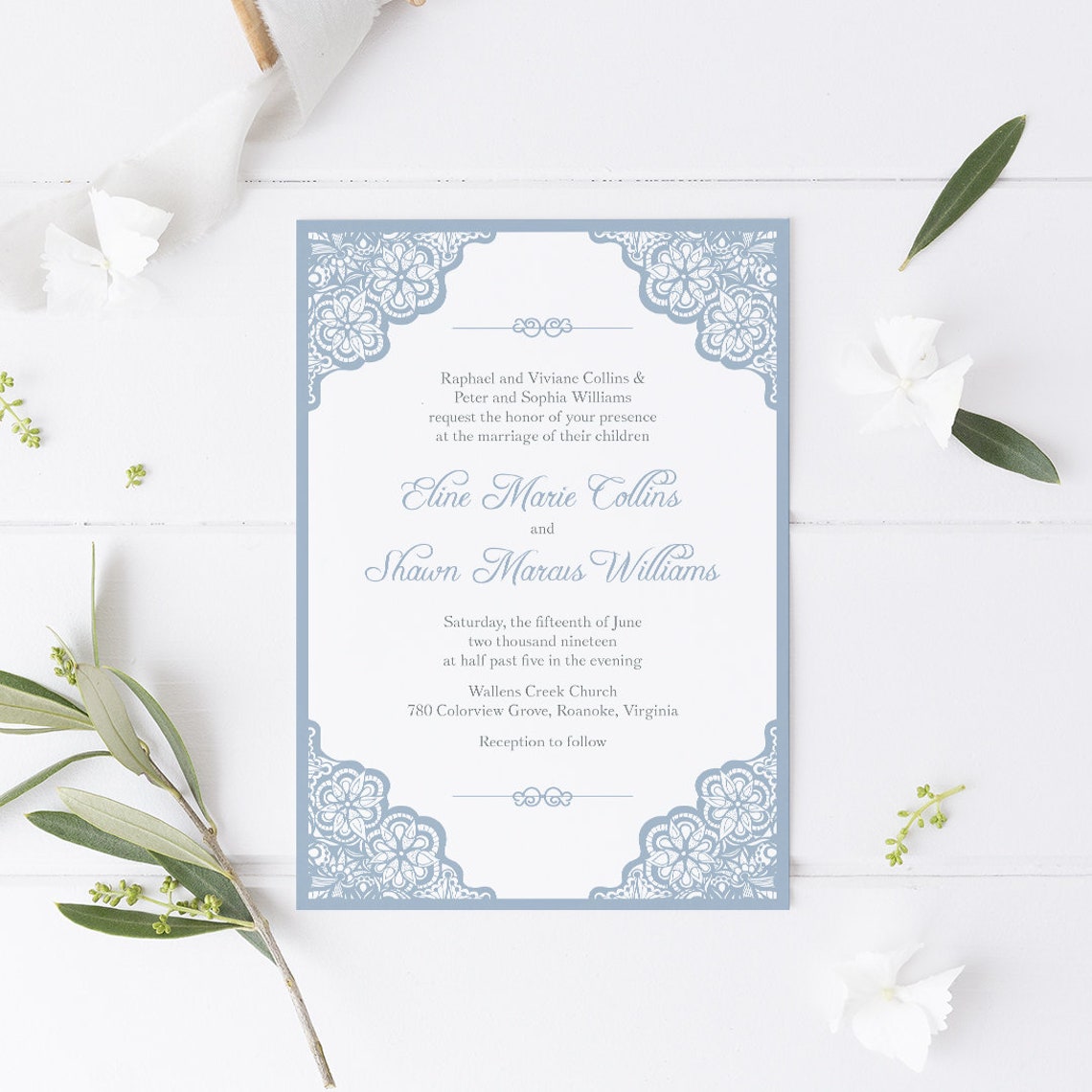 Light Blue Wedding Invitations Printable Lace Wedding | Etsy