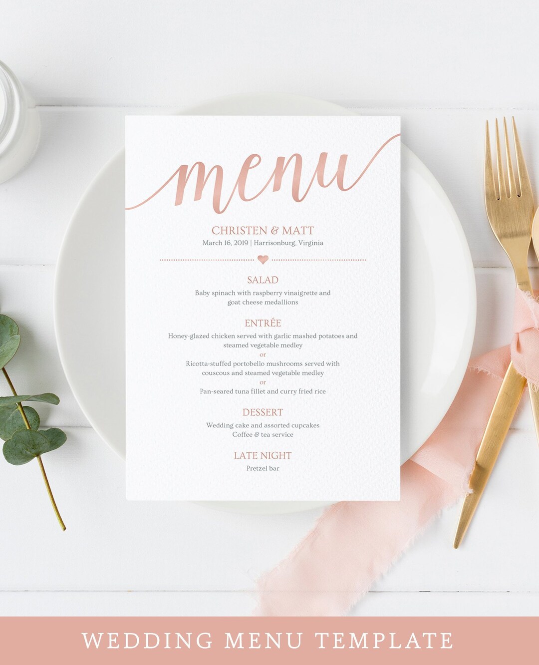 Rose Gold Wedding Menu Template Instant Download / Rose Gold Decor ...
