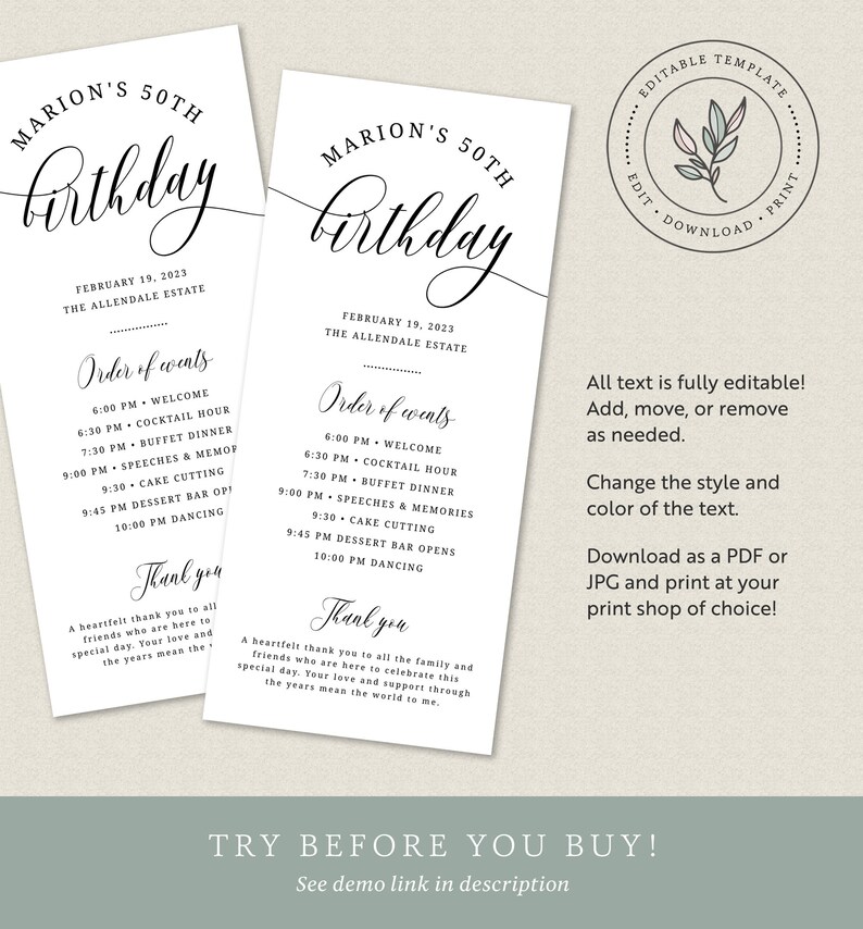 Birthday Program Template Birthday Itinerary Template - Etsy