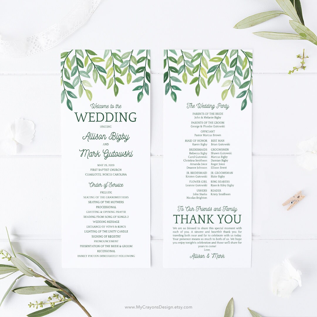 Greenery Wedding Program Template Instant Download Wedding | Etsy