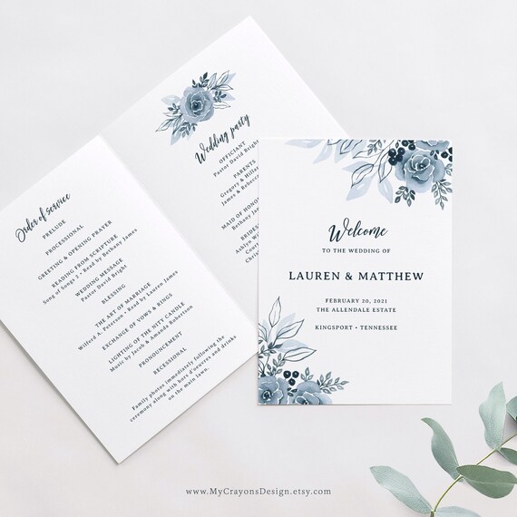 Dusty Blue Wedding Program Template Folded Wedding Ceremony - Etsy