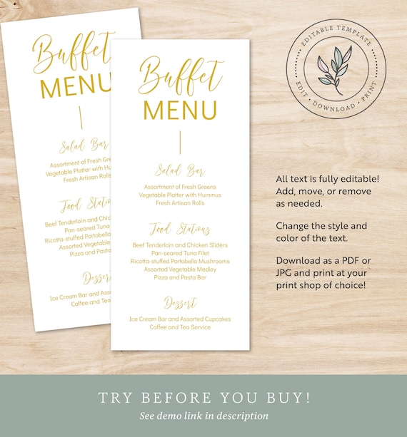 Diy Wedding Buffet Menu Cards Templates