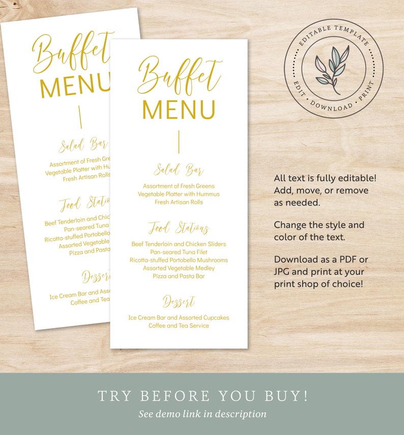 Gold Wedding Menu Template Buffet Menu Cards Editable DIY - Etsy