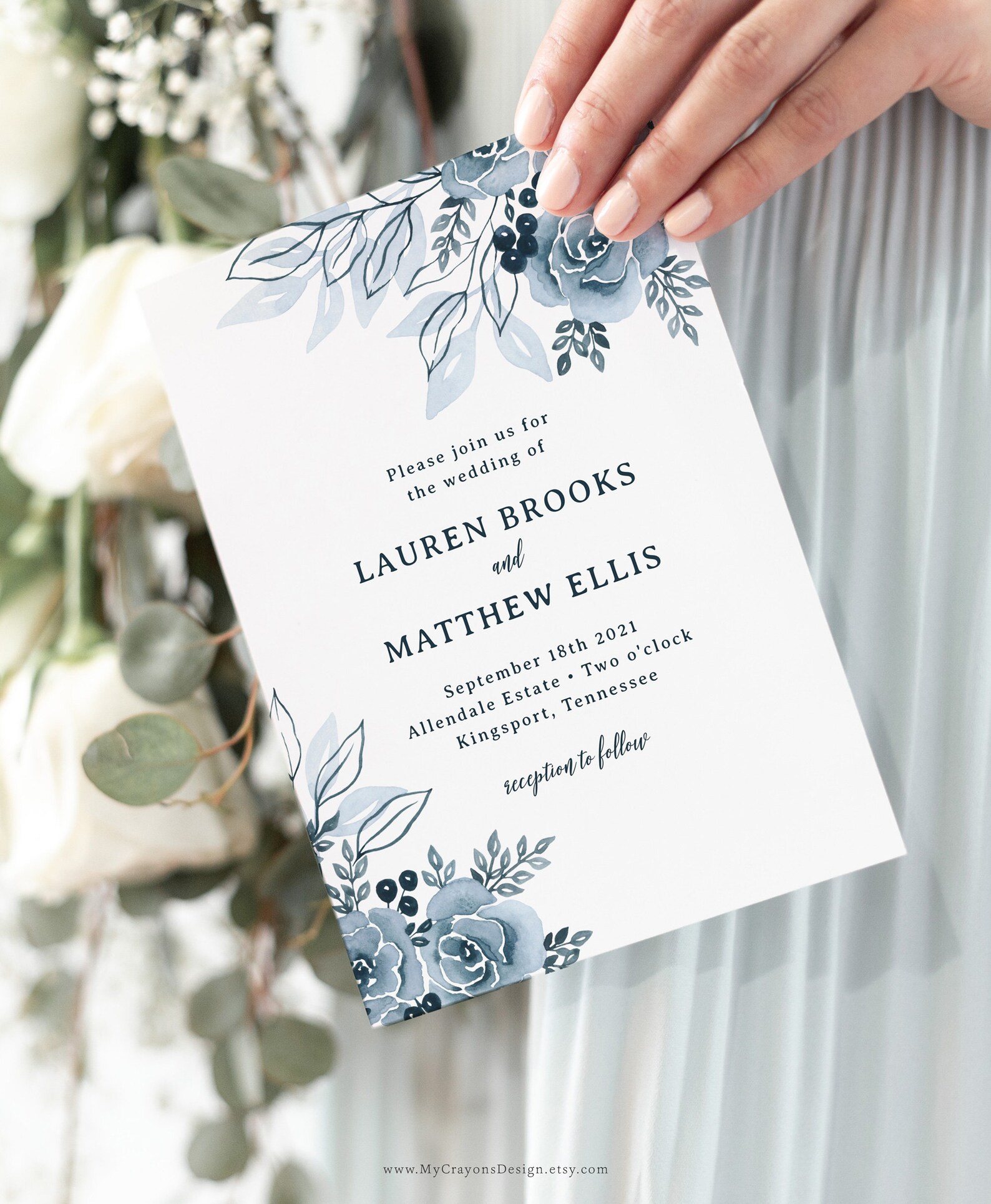 Dusty Blue Wedding Invitations Diy Floral Wedding Invitation - Etsy