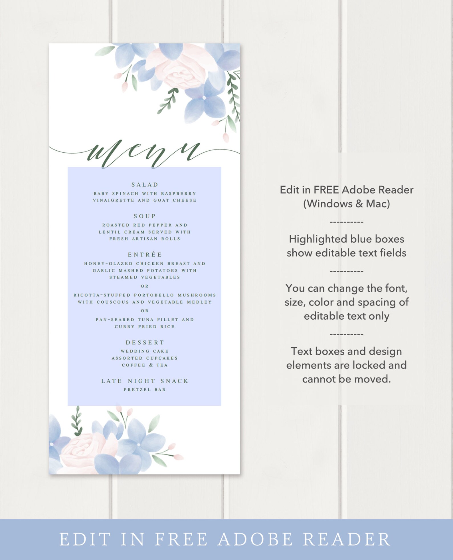 Wedding Menu Cards Elegant Wedding Menu Template With Dusty | Etsy