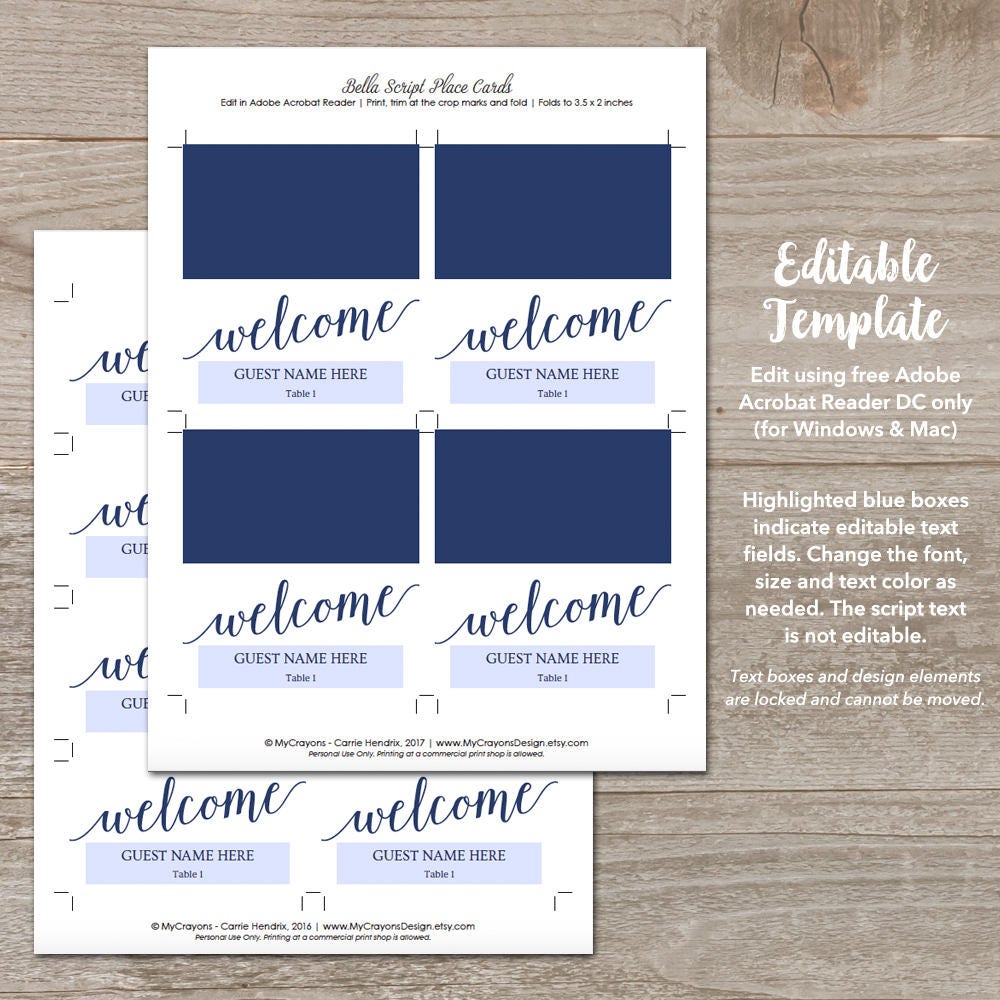 Navy Place Cards Wedding Printable Wedding Name Cards | Etsy