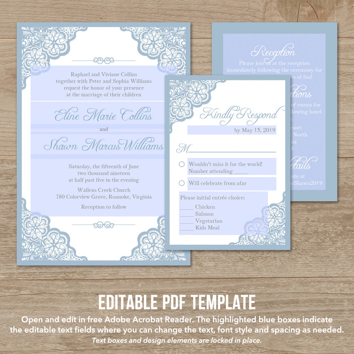 Light Blue Wedding Invitations Printable Lace Wedding | Etsy