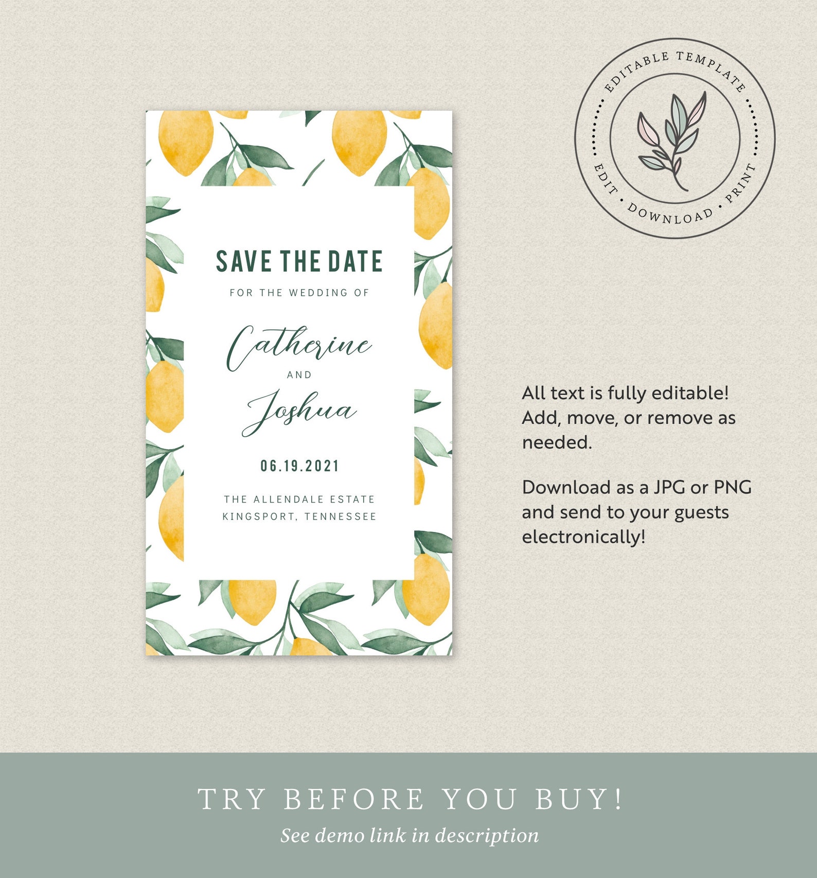 Lemon Save the Date Template Text Invitation Citrus Save the - Etsy